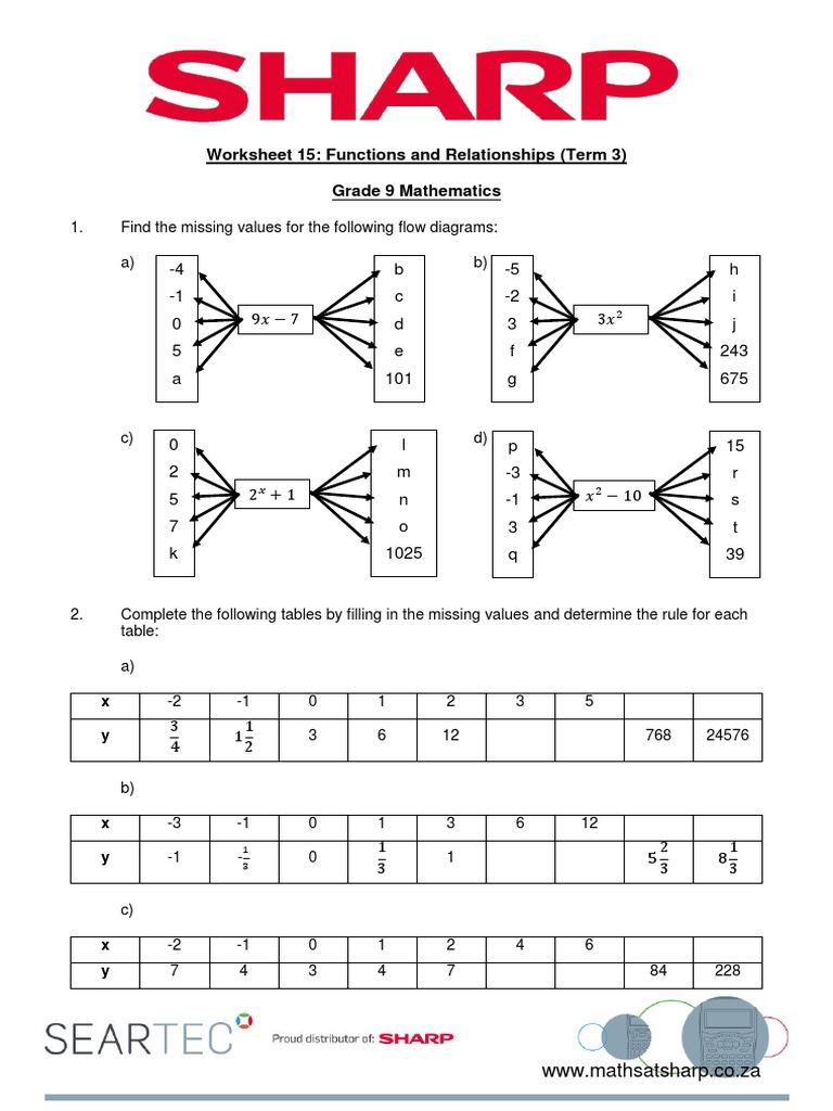 Worksheet 15 Functions and Relationships Grade 9 Term 3 | PDF