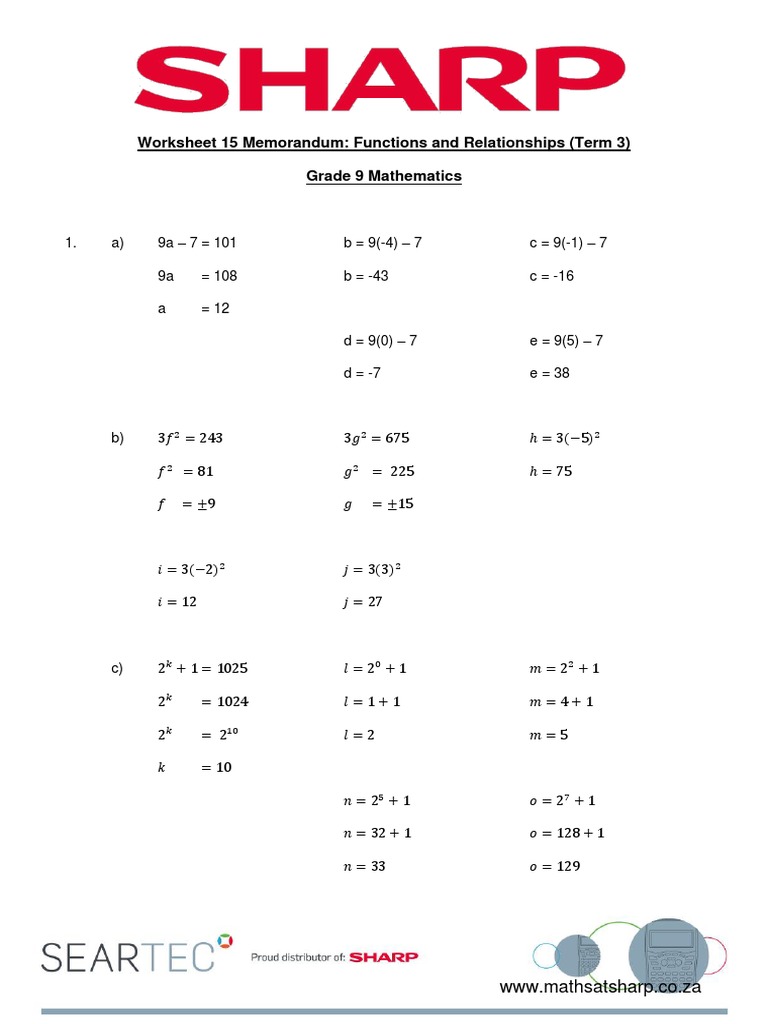 Worksheet 15 Memorandum Functions and Relationships Grade 9 Term 3 ...