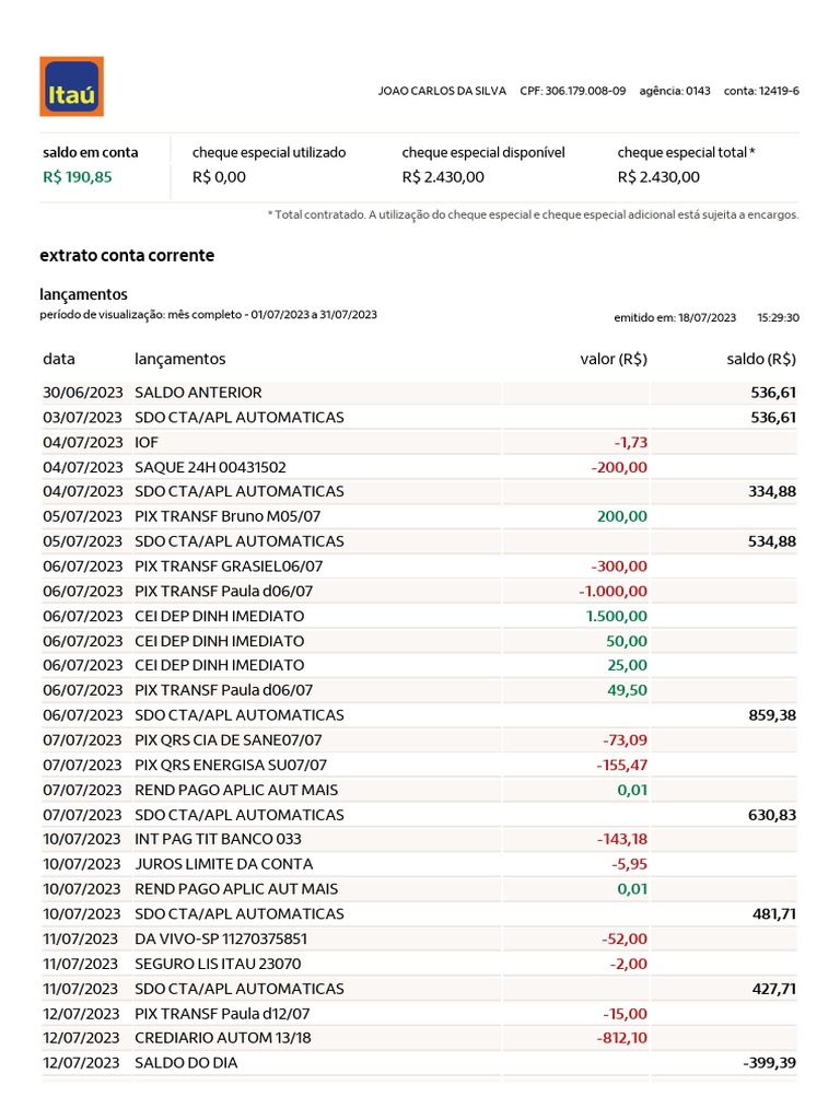 Extrato-Itau 18 07 2023 15-29 | PDF | Juros | Passivo (contabilidade financeira)