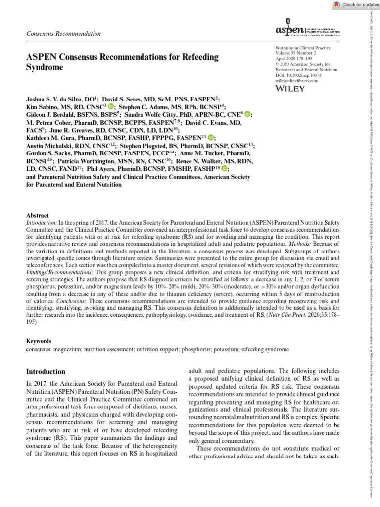 ASPEN - Nut in Clin Prac - 2020 - Da Silva - ASPEN Consensus Recommendations For Refeeding ...