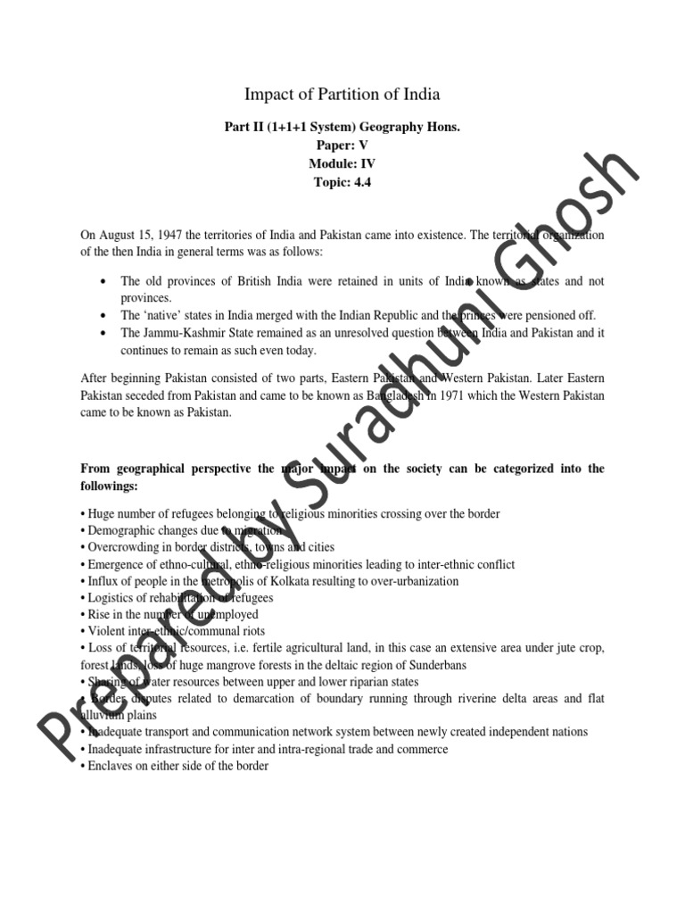 Impact of Partition | PDF | South Asia | Partition Of India