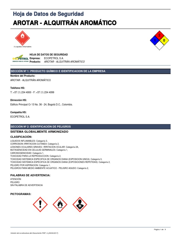 Ficha de Seguridad Arotar Alquitran Aromatico | PDF | Agua | Química