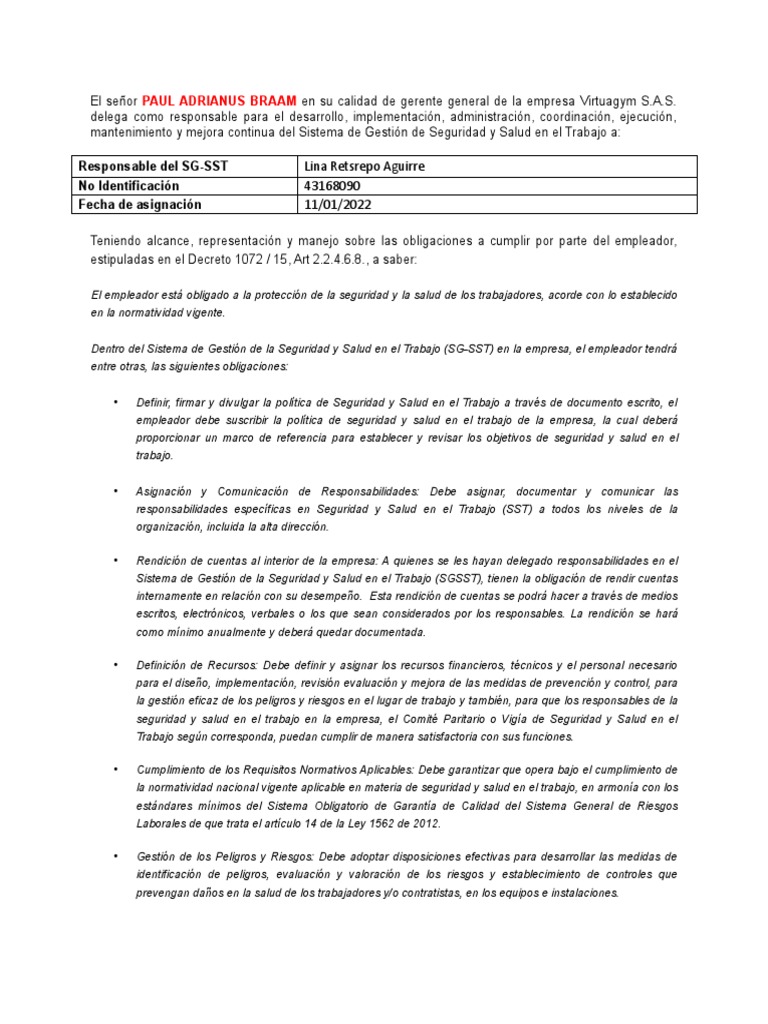 Asignación Del Responsable Del SG-SST | PDF | Derecho laboral | Seguridad y salud ocupacional