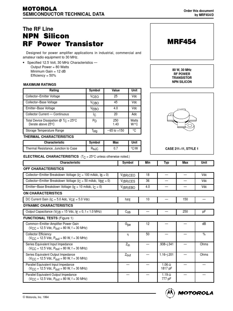 MRF 454 Re | PDF | Bipolar Junction Transistor | Computer Engineering