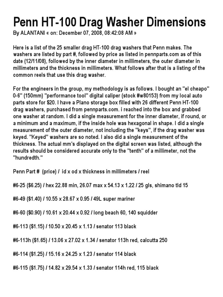 Penn HT-100 Drag Washer Dimensions | PDF | Manufactured Goods | Equipment