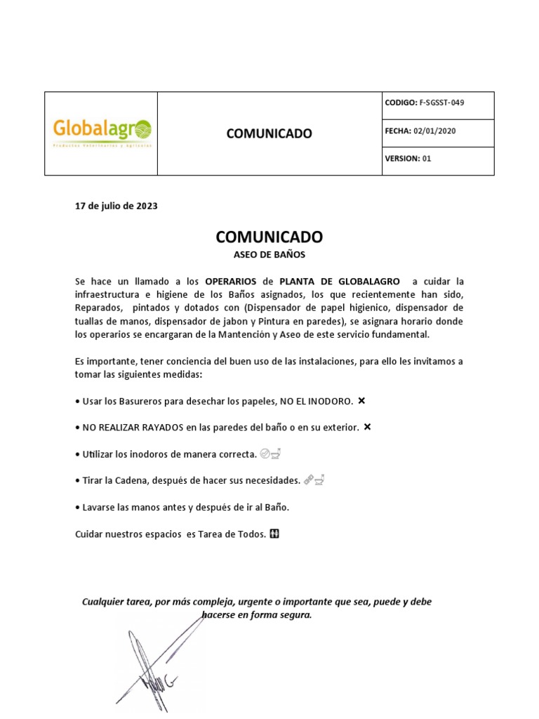 F-SGSST-049 Comunicado - Aseo de Baños - Planta | PDF | Higiene | Saneamiento
