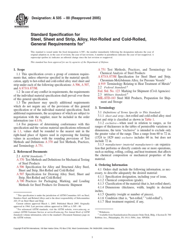 Astm A505 | PDF | Rolling (Metalworking) | Sheet Metal