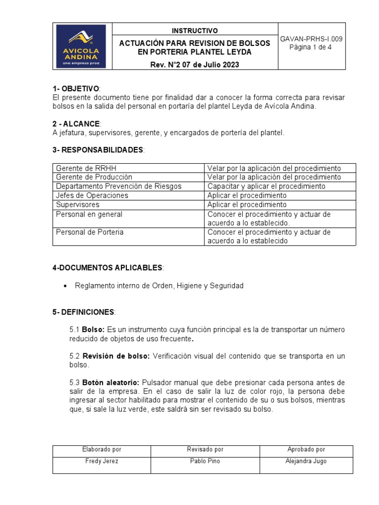GAVAN-PRHS-I.009 Instructivo actuacion revision de bolsos.(rev.final) | PDF