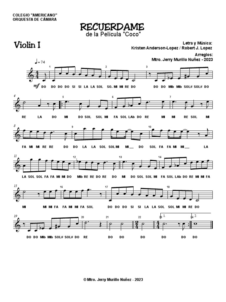 Recuerdame - Violin 1 | PDF | Composiciones Musicales