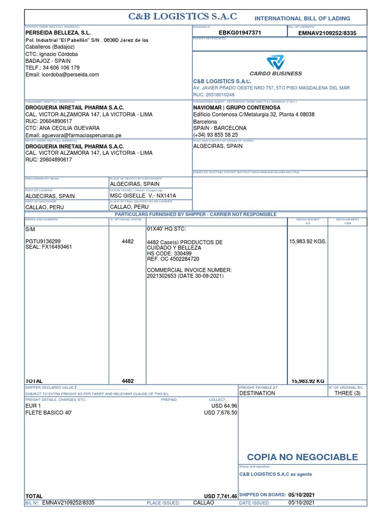 BL Fletado Emnav21092528335 | Download Free PDF | Bill Of Lading | Cargo
