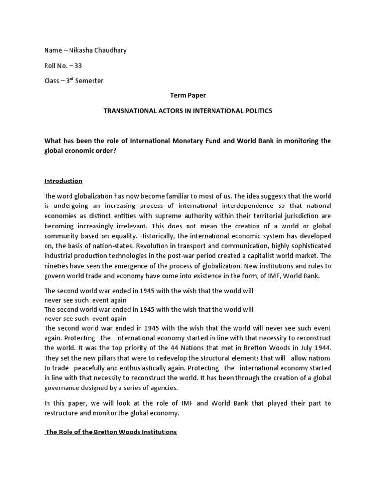 Role of IMF WB in Globalisaiton | PDF | International Monetary Fund ...