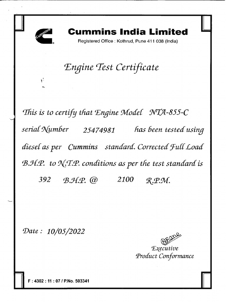 Certificado Motor Cummins | PDF