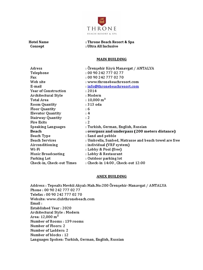 EN-2023 Throne Beach Resort&SPA Fact Sheet 1296 | PDF | Drink | Restaurants