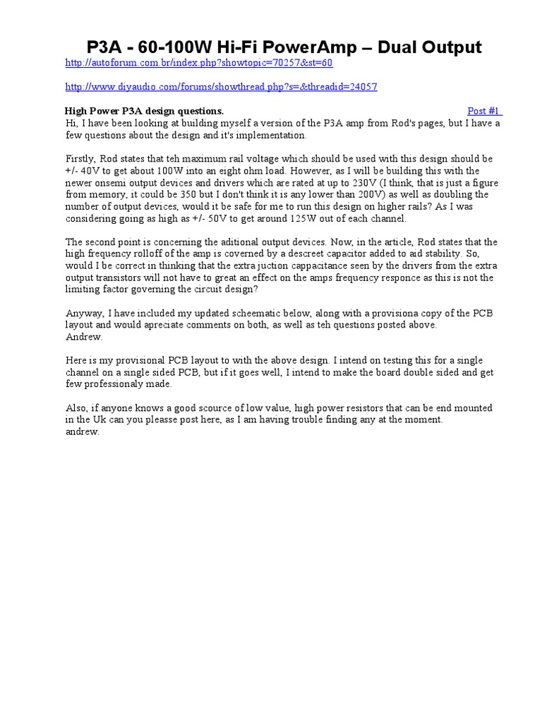 P3A - 60-100W Hi-Fi PowerAmp - Dual Output | PDF | Amplifier | Capacitor