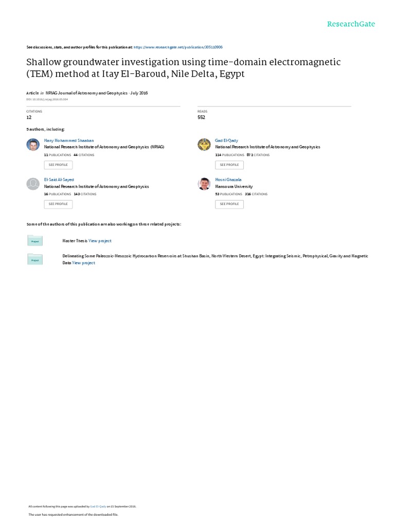 Shallow Groundwater Investigation Using Time Domain Electromagnetic Tem Method At Itay El