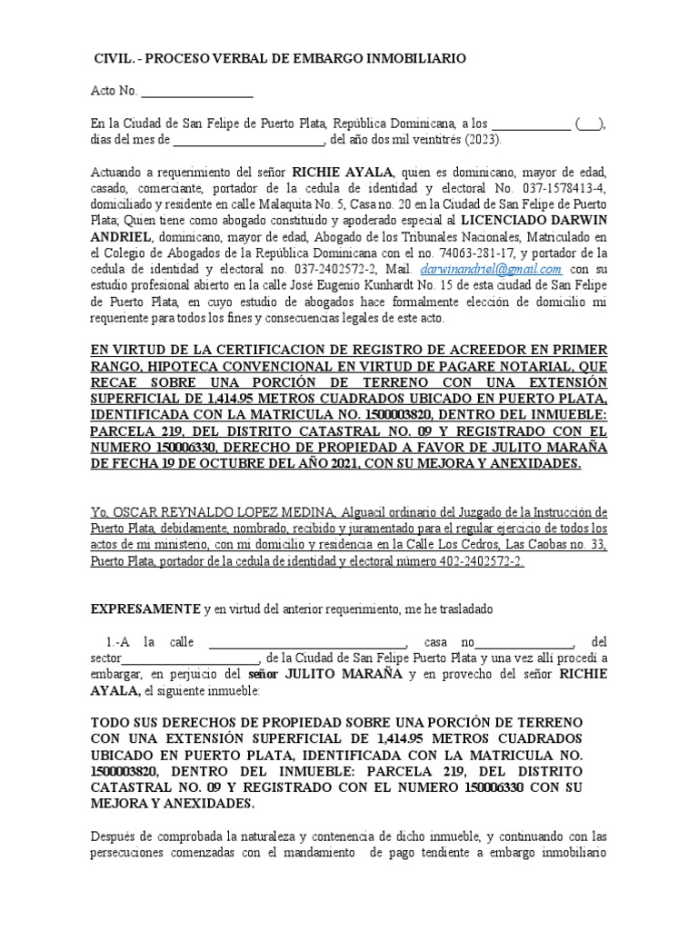 Proceso Verbal de Embargo Inmobiliario | PDF | Gobierno | Derecho Civil ...