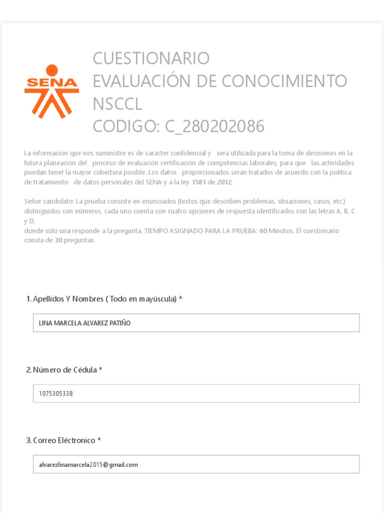 Cuestionario Evaluación de Conocimiento NSCCL Codigo - C - 280202086 ...