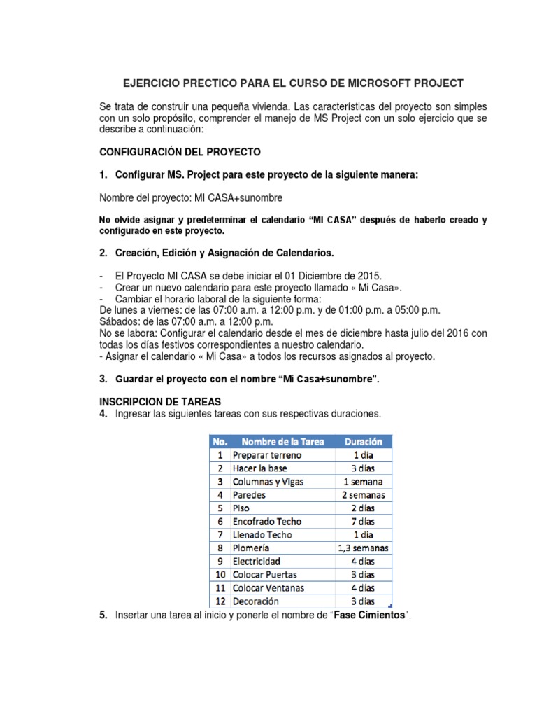 Ejercicio Practico para El Curso de Microsoft Project | PDF | Calendario