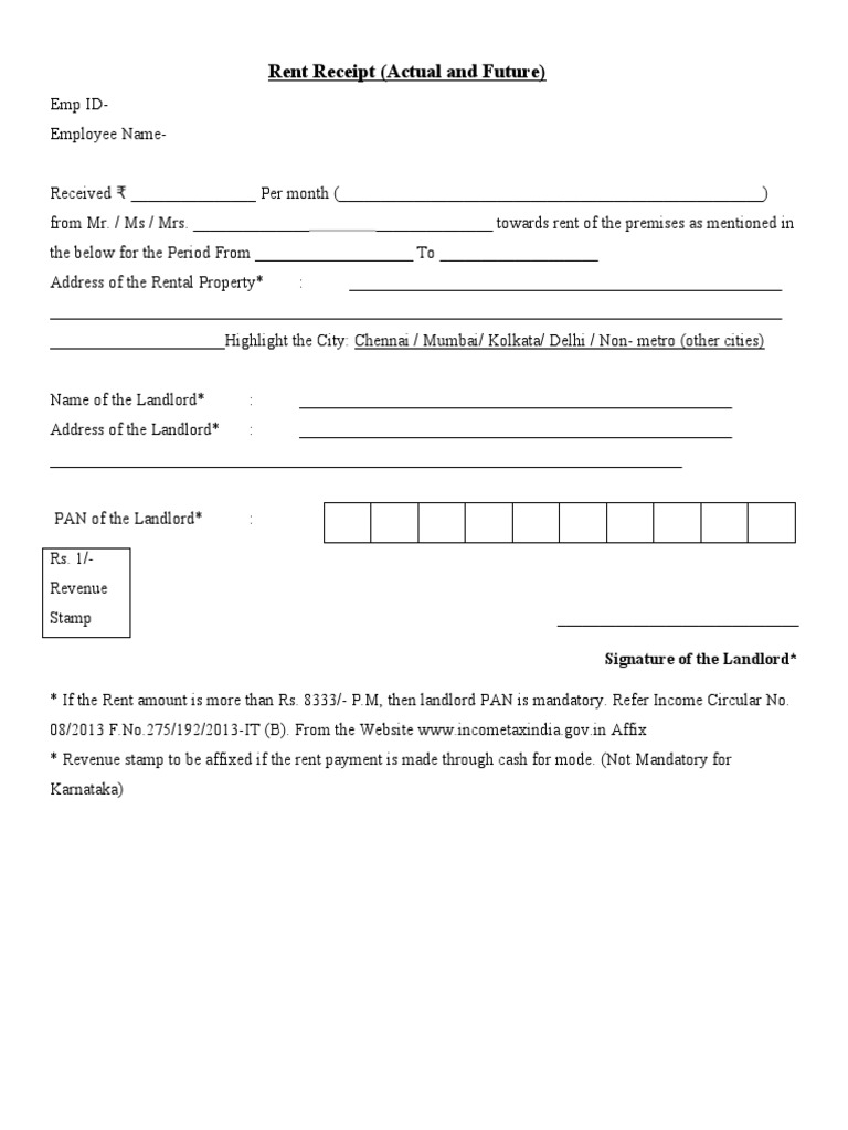 HRA - Rent Receipt Format-Actual and Future Declaration | PDF ...