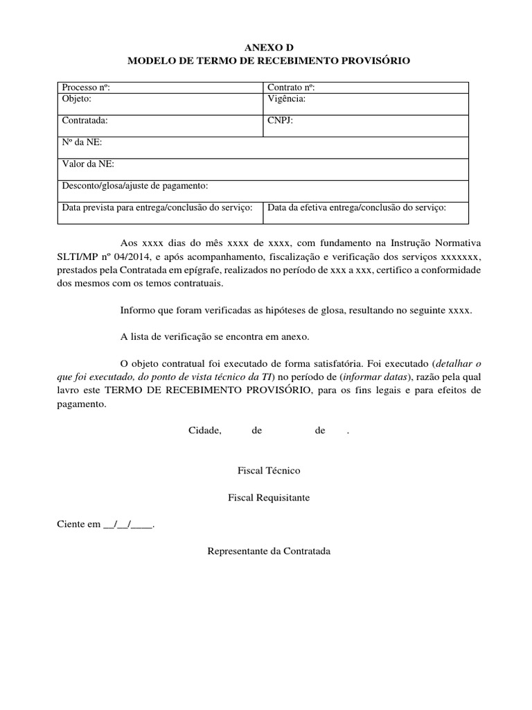 Anexo D Modelo de Termo de Recebimento Provisorio | PDF | Direito