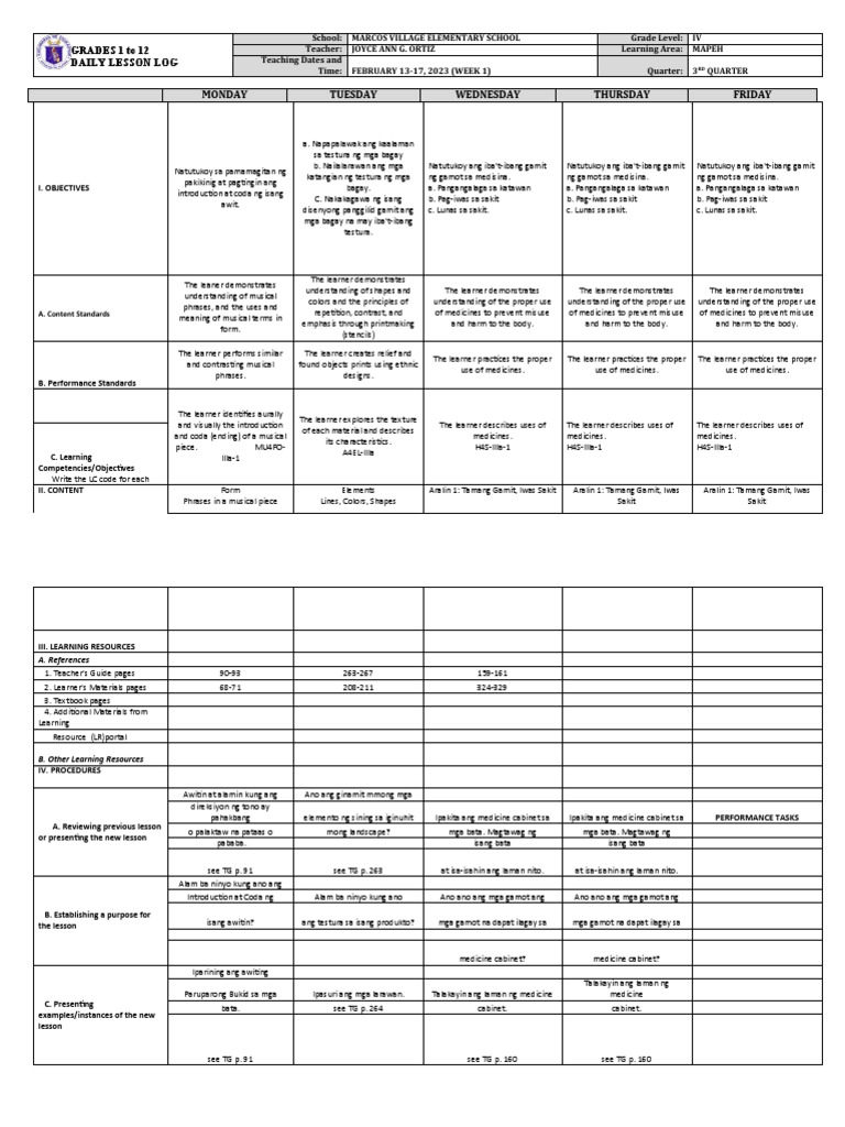DLL - Mapeh 4 - Q3 - W1 | PDF | Behavior Modification | Learning