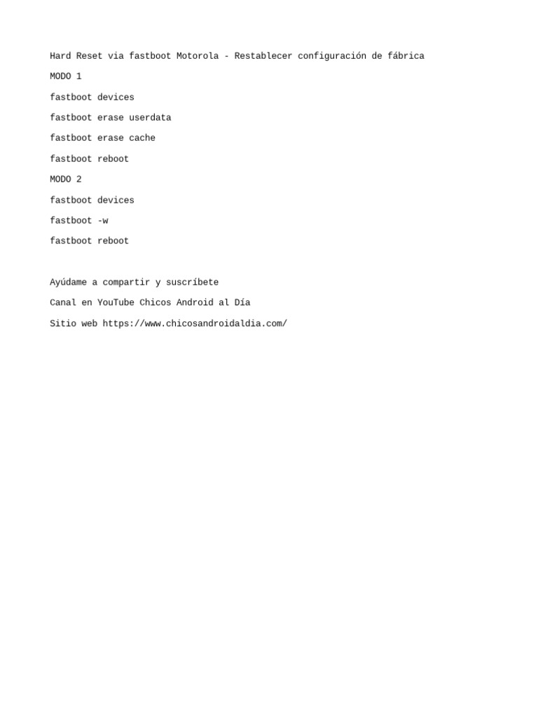 Comandos Hard Reset Via Fastboot Motorola y Otros | PDF