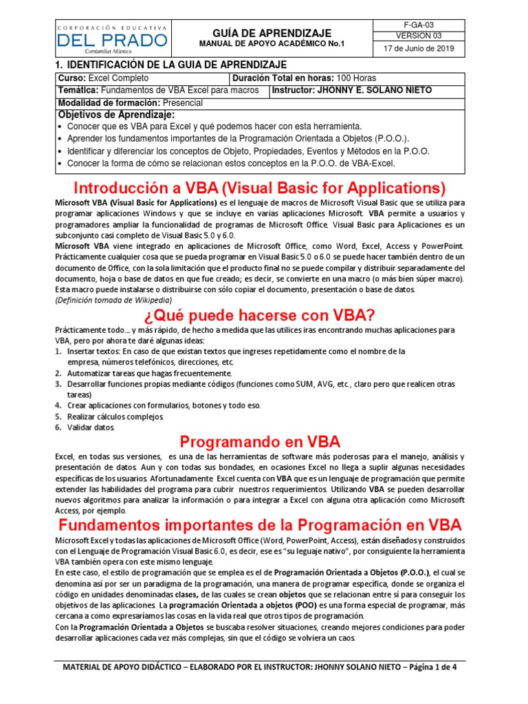 01 Guia de Fundamentos Vbaexcel | PDF | Visual Basic para Aplicaciones | Objeto (informática)