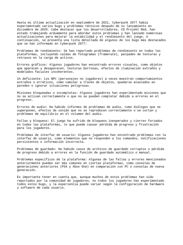 Lista de Todos Los Errores de Cyberpunk 2077 | PDF | Informática Lista de Todos Los Errores de Cyberpunk 2077 | PDF | Informática