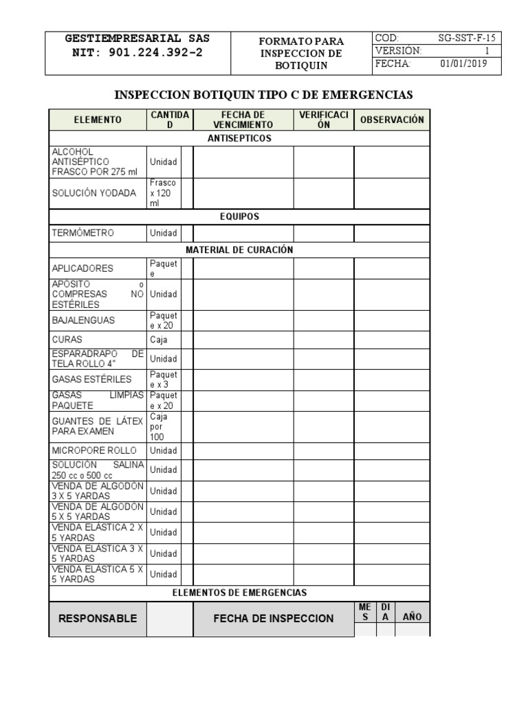 SG-SST-F-15 Formato para Inspeccion de Botiquin de Emergencias | PDF | Primeros auxilios