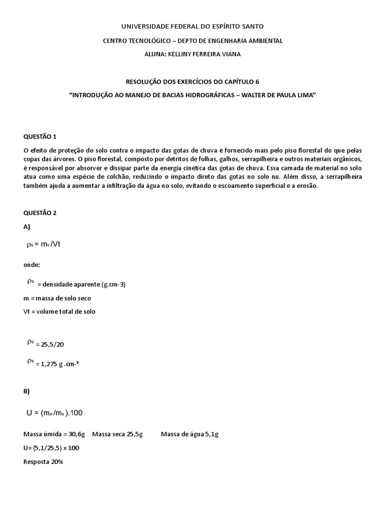 Exercício Cap 6 Manejo PDF | PDF | Umidade | Natureza