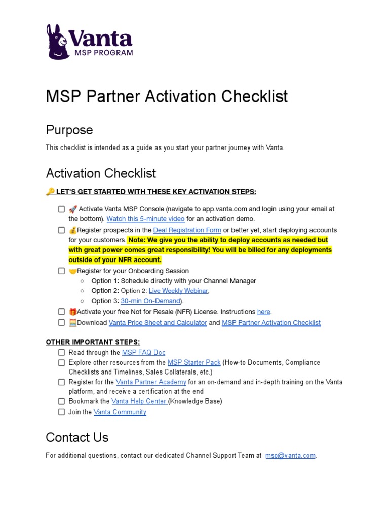 VANTA-MSP Partner Activation Checklist | PDF | Finance & Money Management