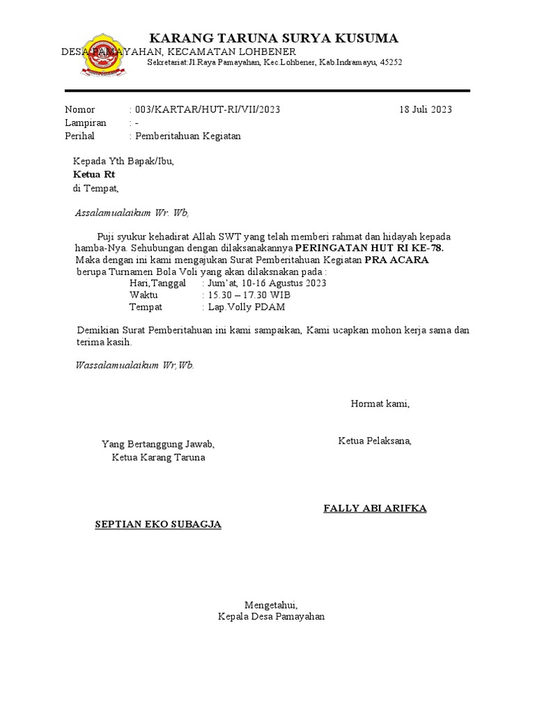 003 Surat Pemberitahuan RT Kegiatan 17 Agustus 2023 | PDF