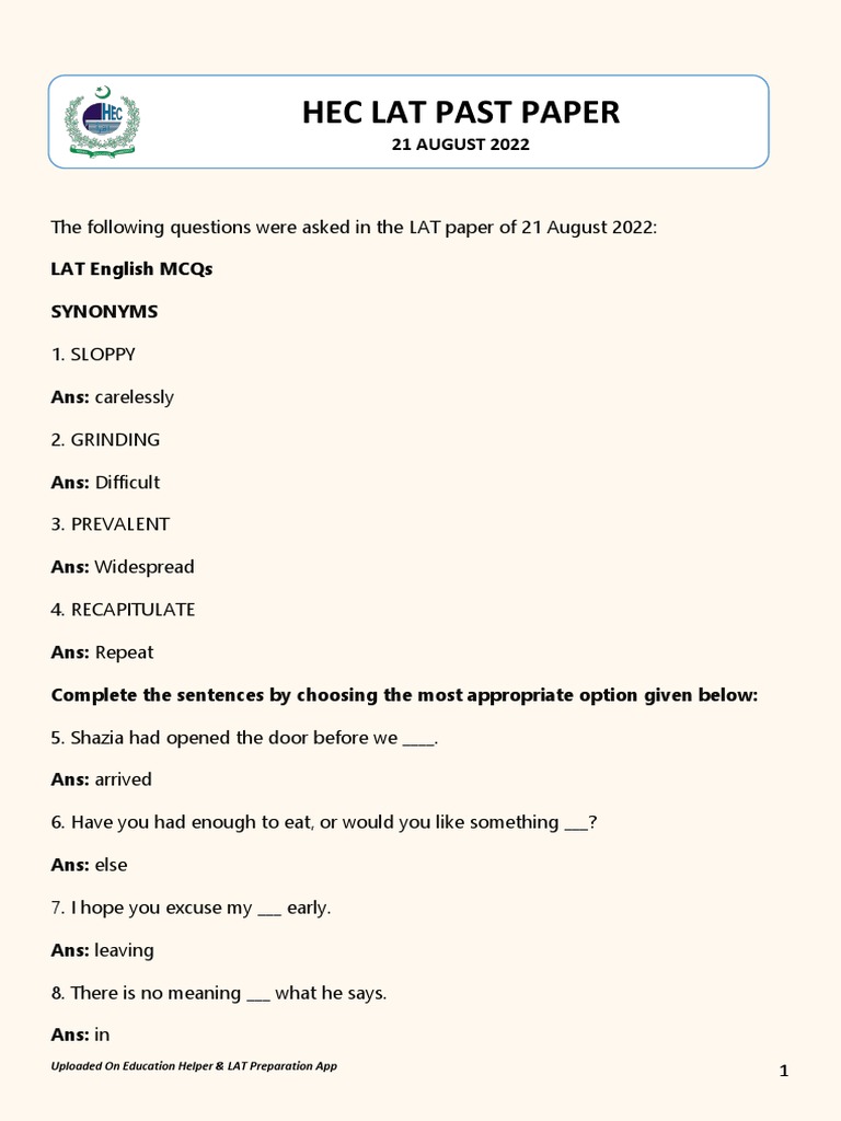 LAT (LAW ADMISSION TEST) Past Papers 21 August 2022 | PDF