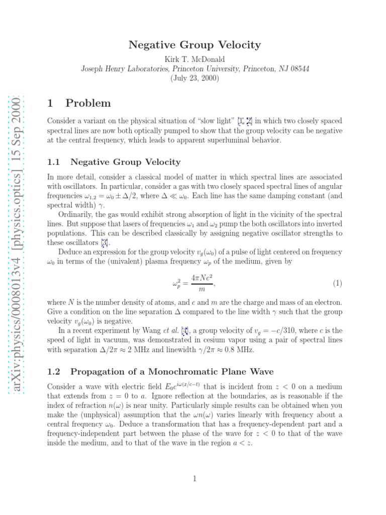 Negative Group Velocity | PDF | Waves | Wavelength