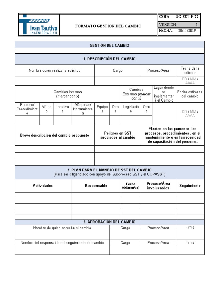 SG-SST-F-22 Formato Gestion Del Cambio | PDF | Business | Informática