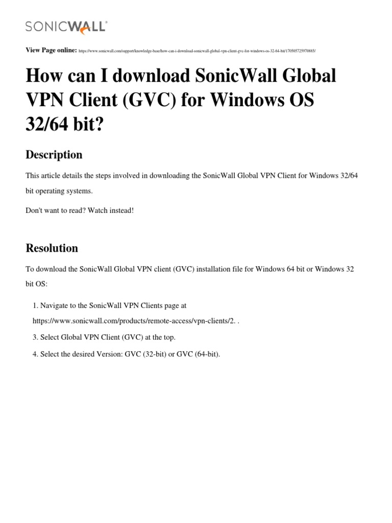 How Can I Download SonicWall Global VPN Client (GVC) For Windows OS 32 ...