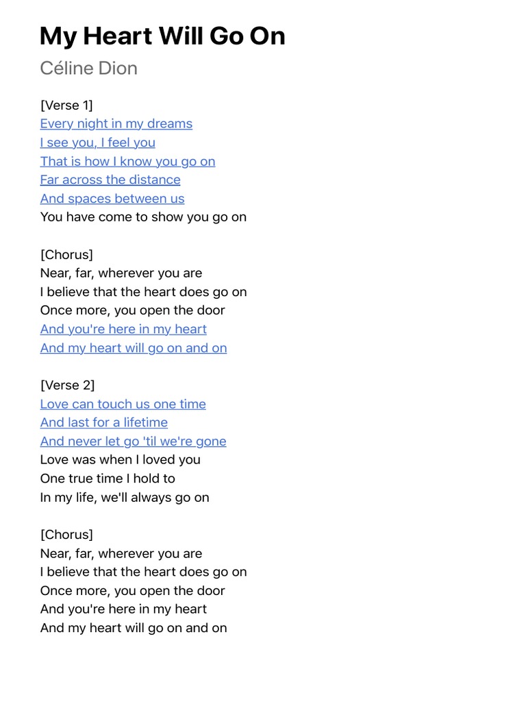 Céline Dion - My Heart Will Go On Lyrics - Genius Lyrics | PDF