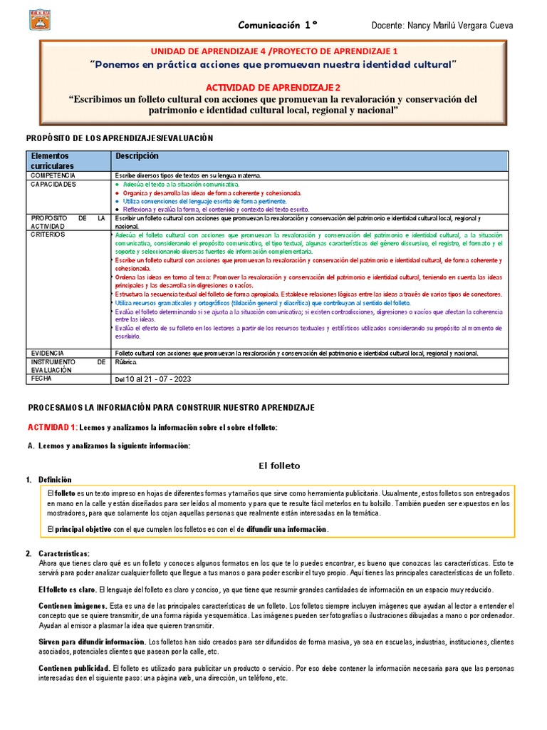 Actividades de Aprendizaje Del Folleto - 1° Grado - 4 Unidad-Sesión 2 ...