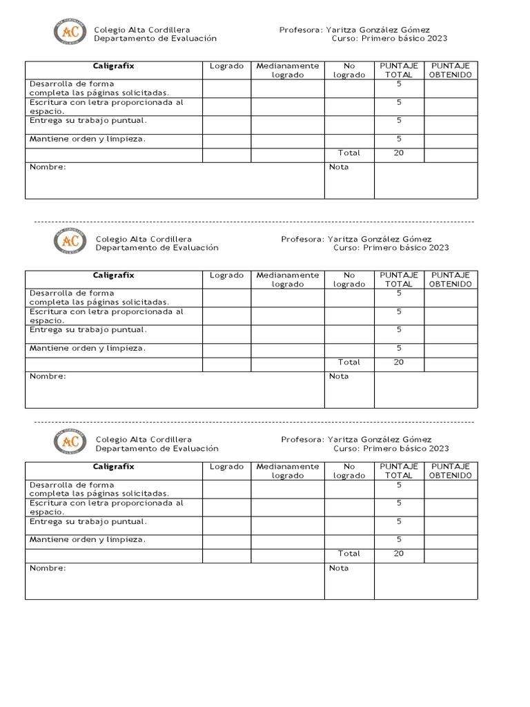 Rubrica para Evaluar Caligrafía | PDF | Escritura