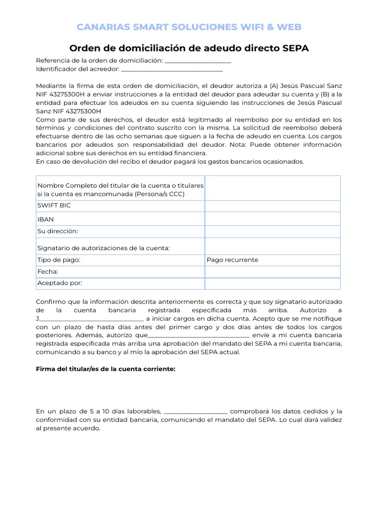 Orden de Domiciliación de Adeudo Directo SEPA | PDF