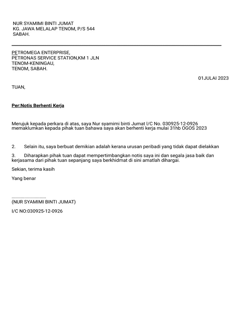 Notis Berhenti Kerja Nur Syamimi | PDF | Bisnis | Pengelolaan Keuangan ...