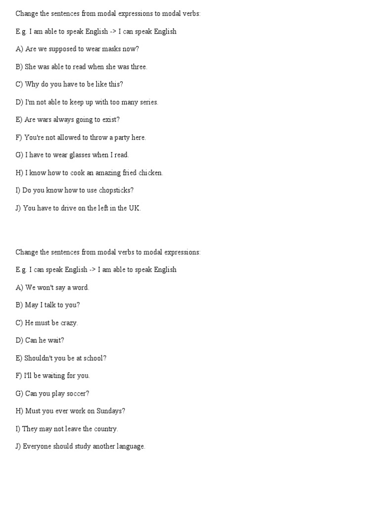 Modal Verbs Vs Modal Expressions Exercises | PDF | Language Arts ...