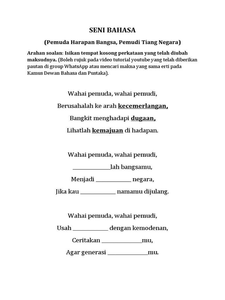 BM Tahun 4 Seni Bahasa (Pemuda Harapan Bangsa, Pemudi Tiang Negara) | PDF