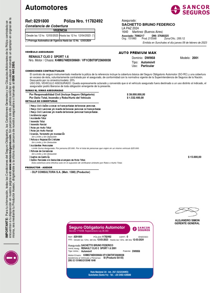 Certificado Covertura Seguro Sancor Clio Dwi958 | PDF | Póliza de seguros | Seguro