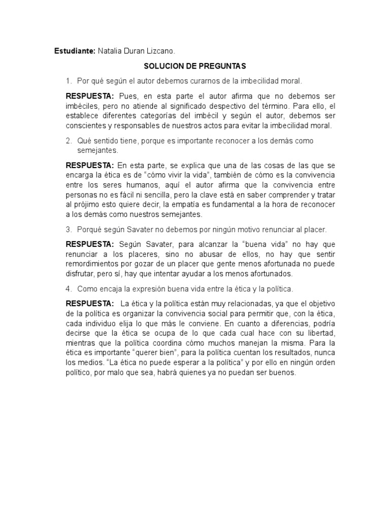 Respuesta A Las 4 Preguntas Control de Lectura - Natalia Duran L. | PDF