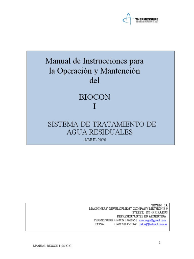 Manual de Operación BIOCON I 2020 | PDF | Bomba | Aguas residuales