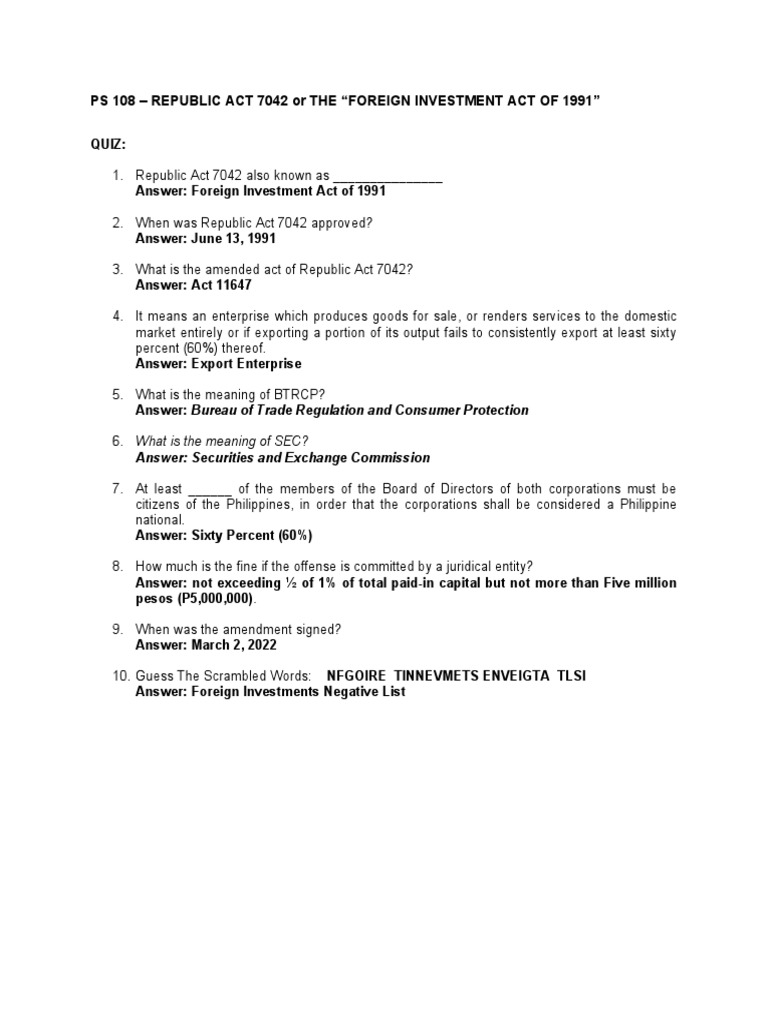 PS 108 Foreign Investment Act - QUIZ | PDF | Business | Finance & Money ...