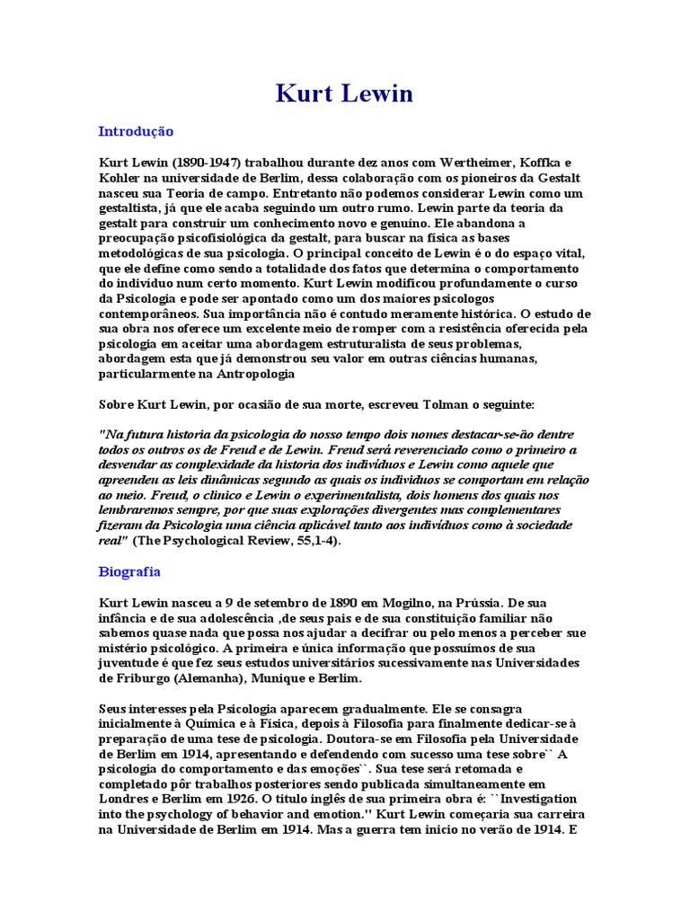 Kurt Lewin | PDF | Psicologia | Aprendizado
