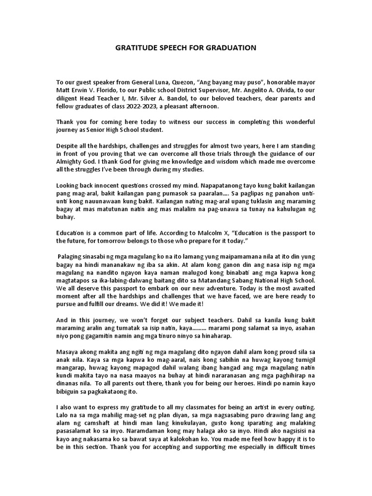 Gratitude Speech For Graduation | PDF
