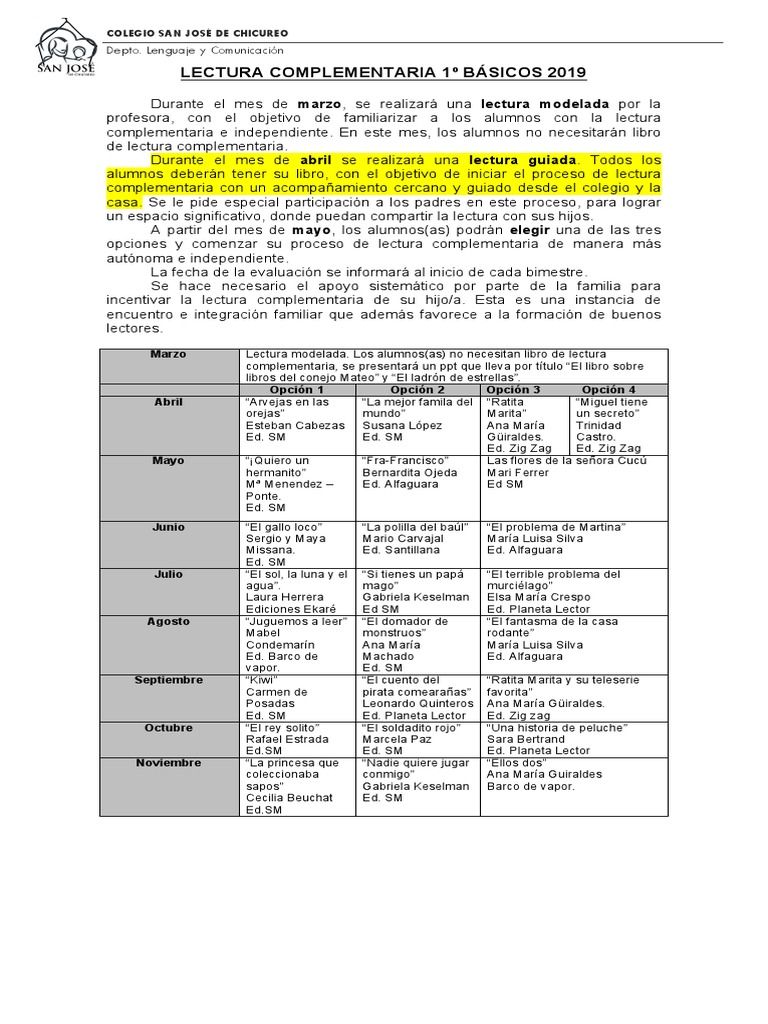 Lista Lectura Complementaria 1º Básico 2019 | PDF | Pedagogía | Metodos de aprendizaje